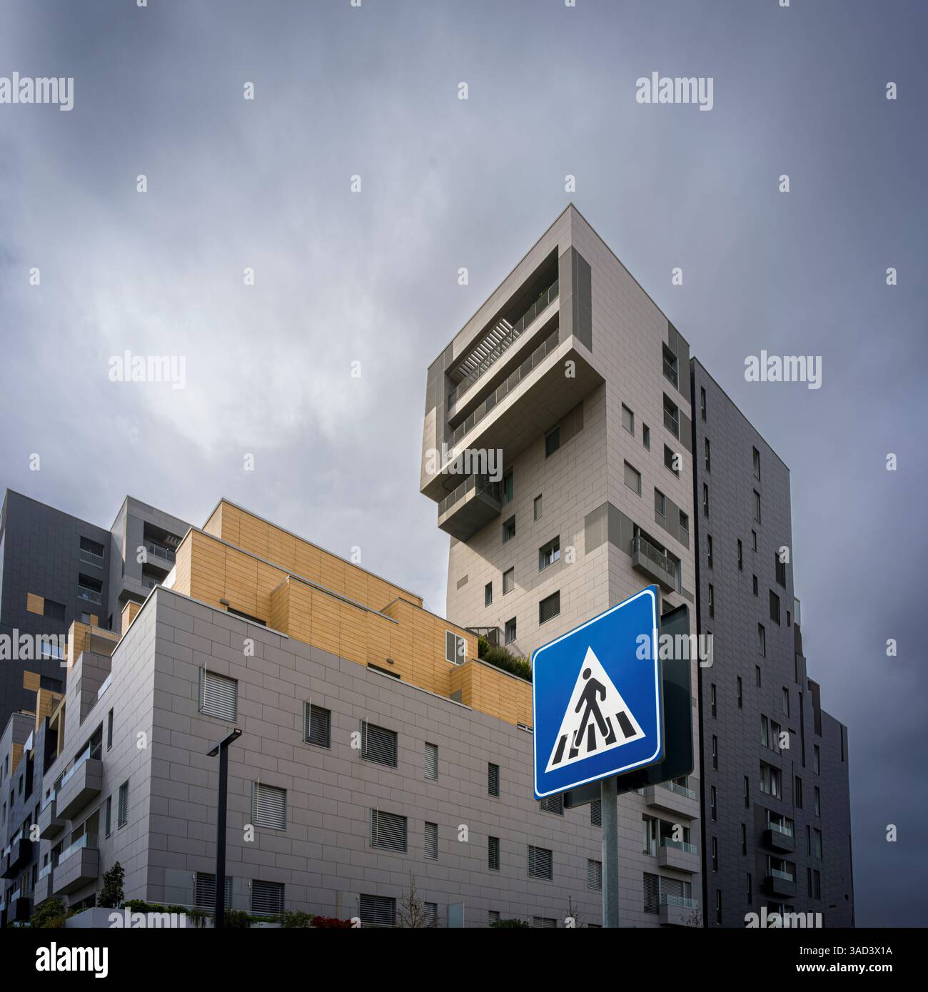 Italy, Bologna, modern residential building, traffic sign, pedestrian ...