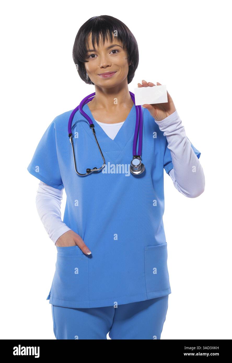 Asian female doctor wearing blue uniform showing white vizit card and ...