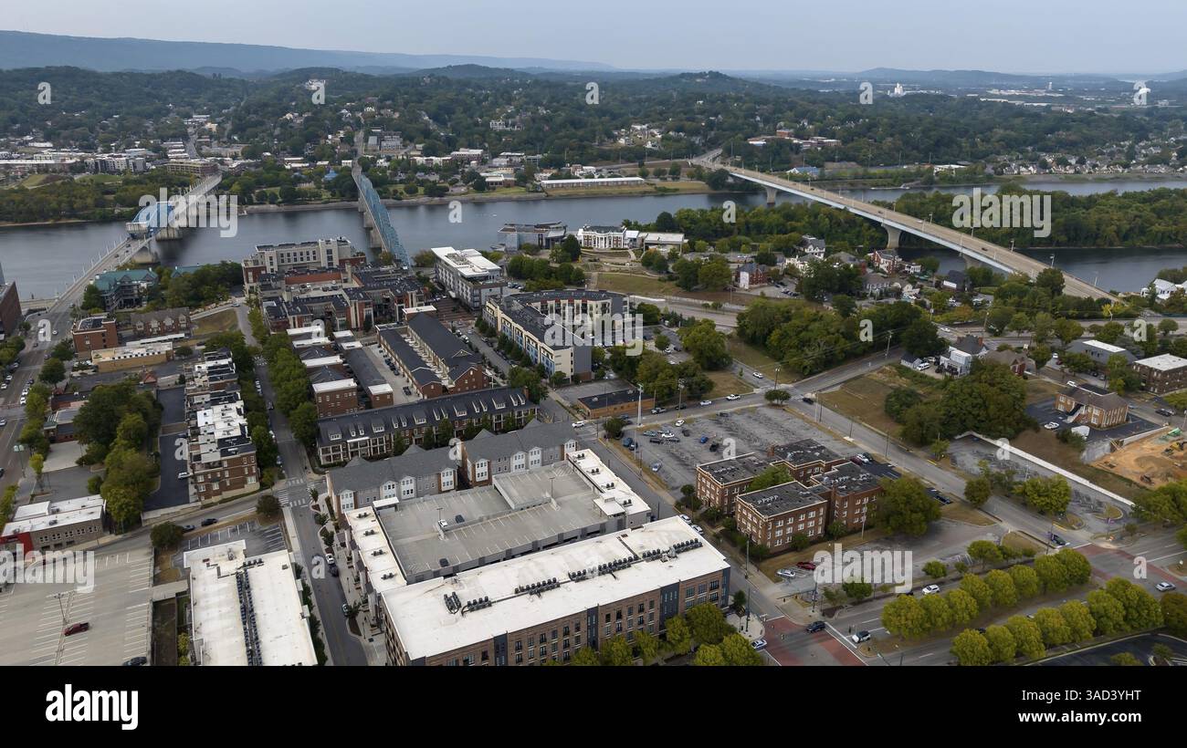 An aerial view of Chattanooga showcases the city's location along the ...