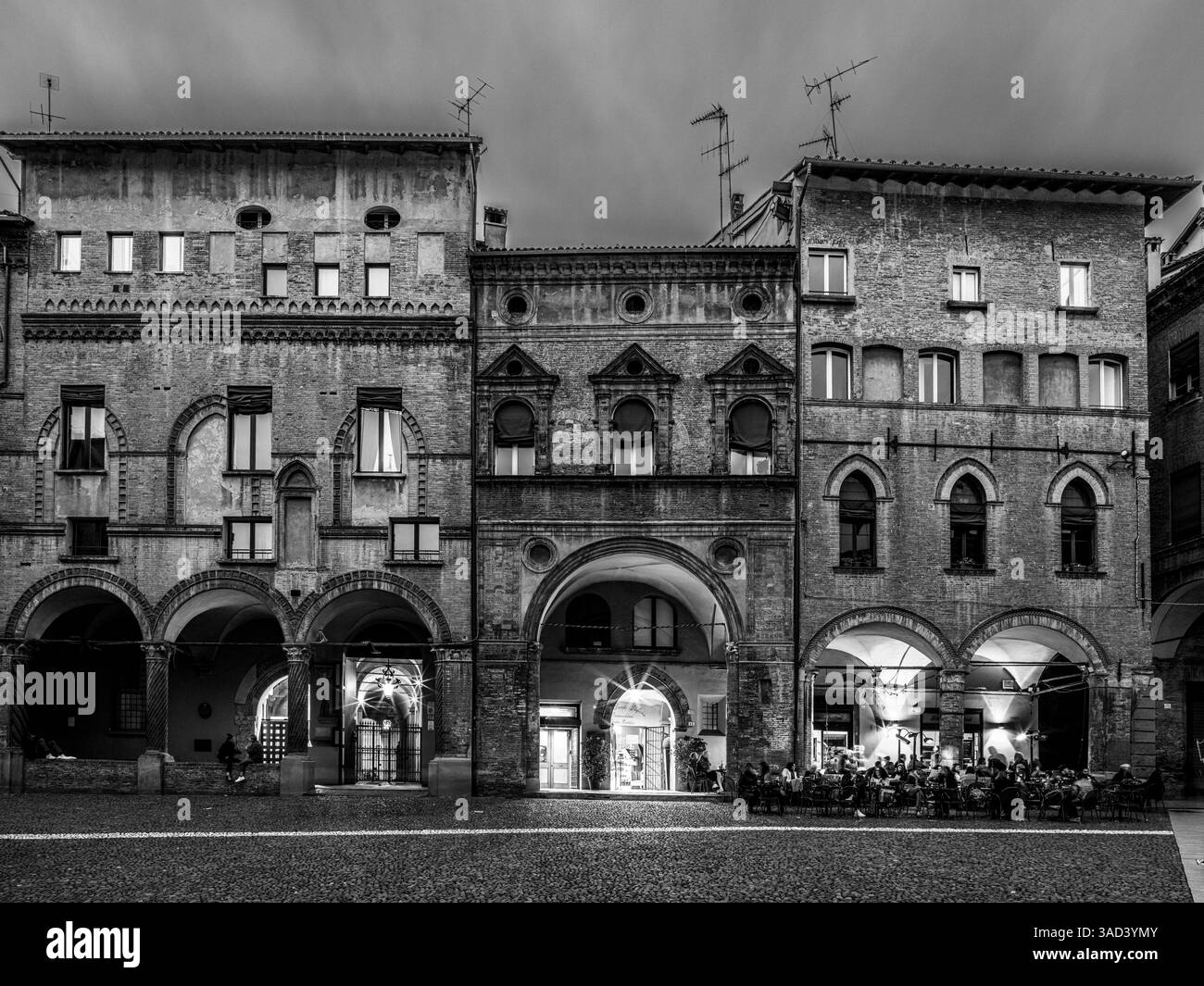 Italy, Bologna, Piazza Santo Stefano, street scene in black and white ...