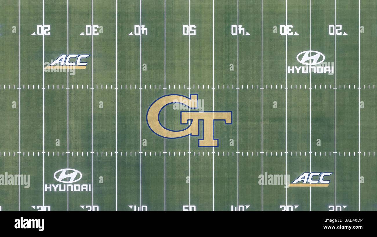 An aerial view of Bobby Dodd Stadium at Hyundai Field shows a vibrant ...