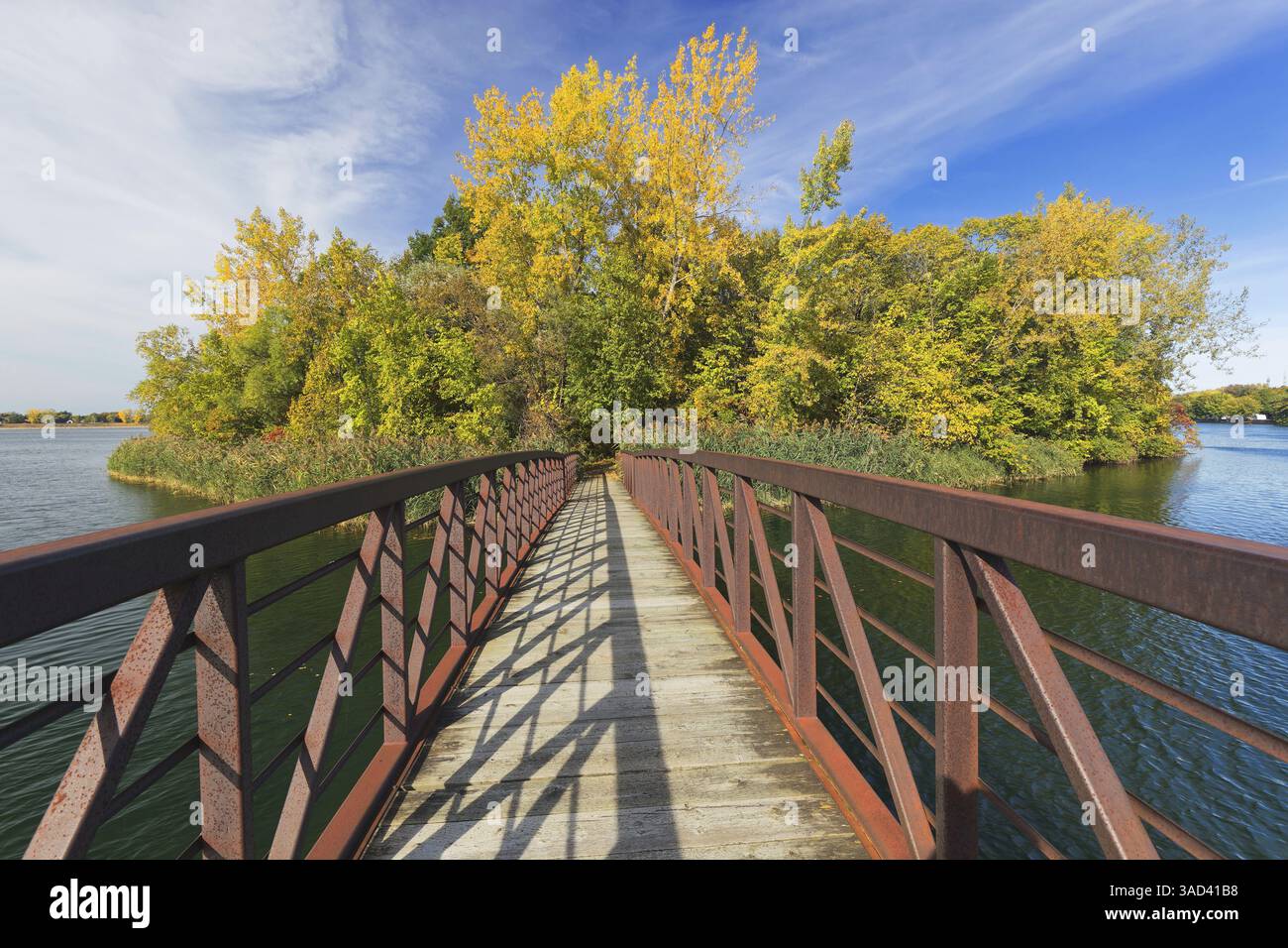 Riverscape, footbridge to a small island in the Saint Lawrence River ...