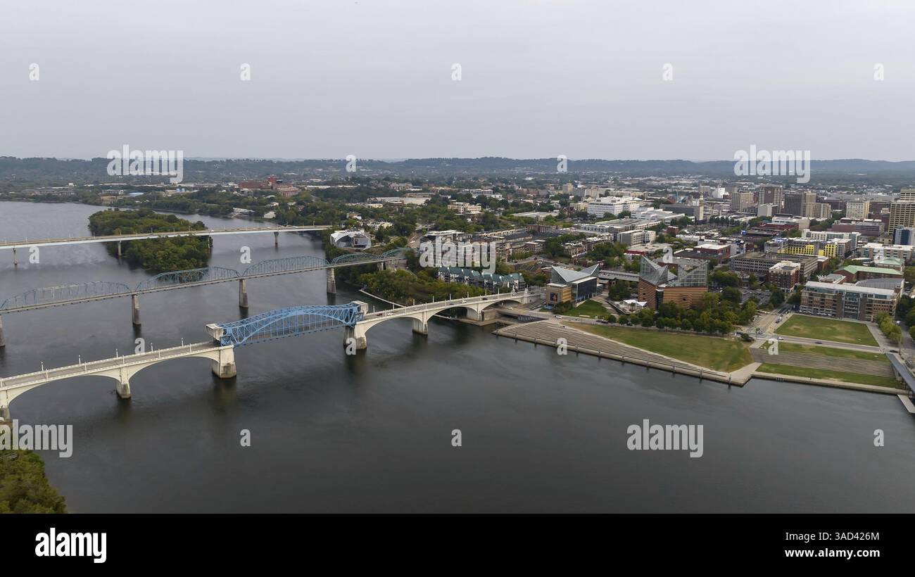 An aerial view of Chattanooga showcases the city's location along the ...