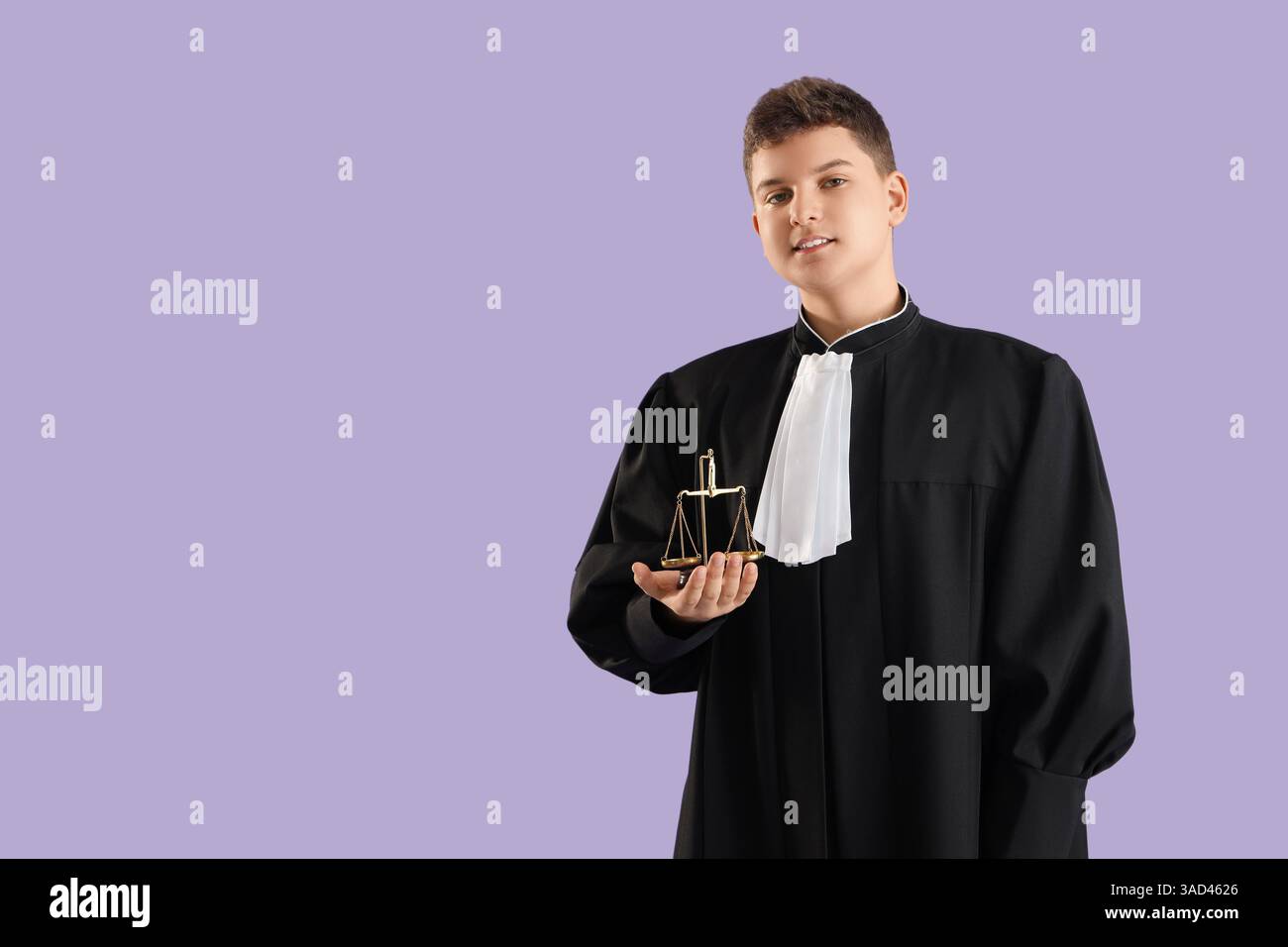 Teenage judge with justice scales on lilac background Stock Photo - Alamy
