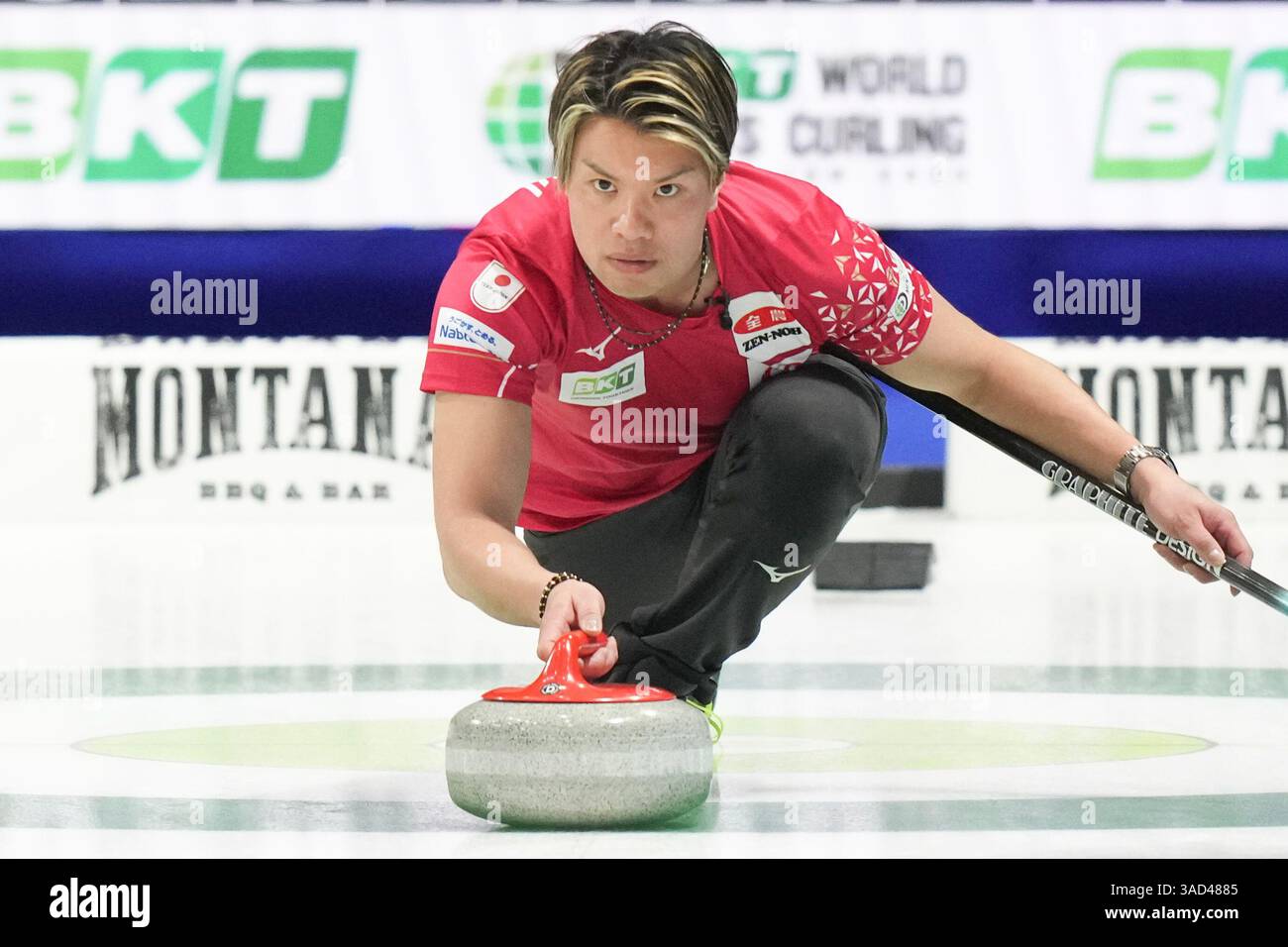 Moose Jaw, Can. 04th Apr, 2025. Japan's skip Tsuyoshi Yamaguchi throws ...