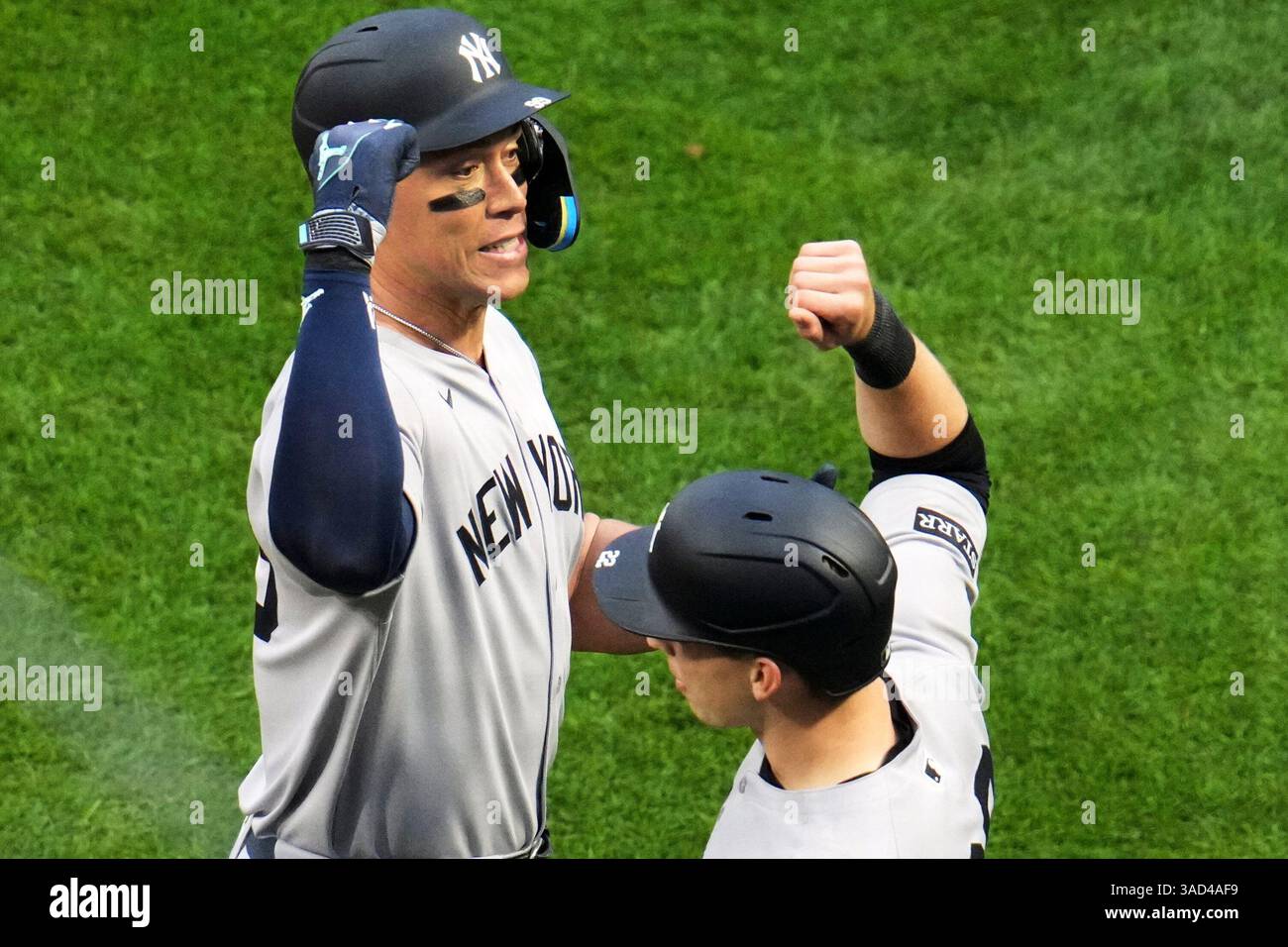 New York Yankees' Aaron Judge, left, celebrates with Ben Rice after ...