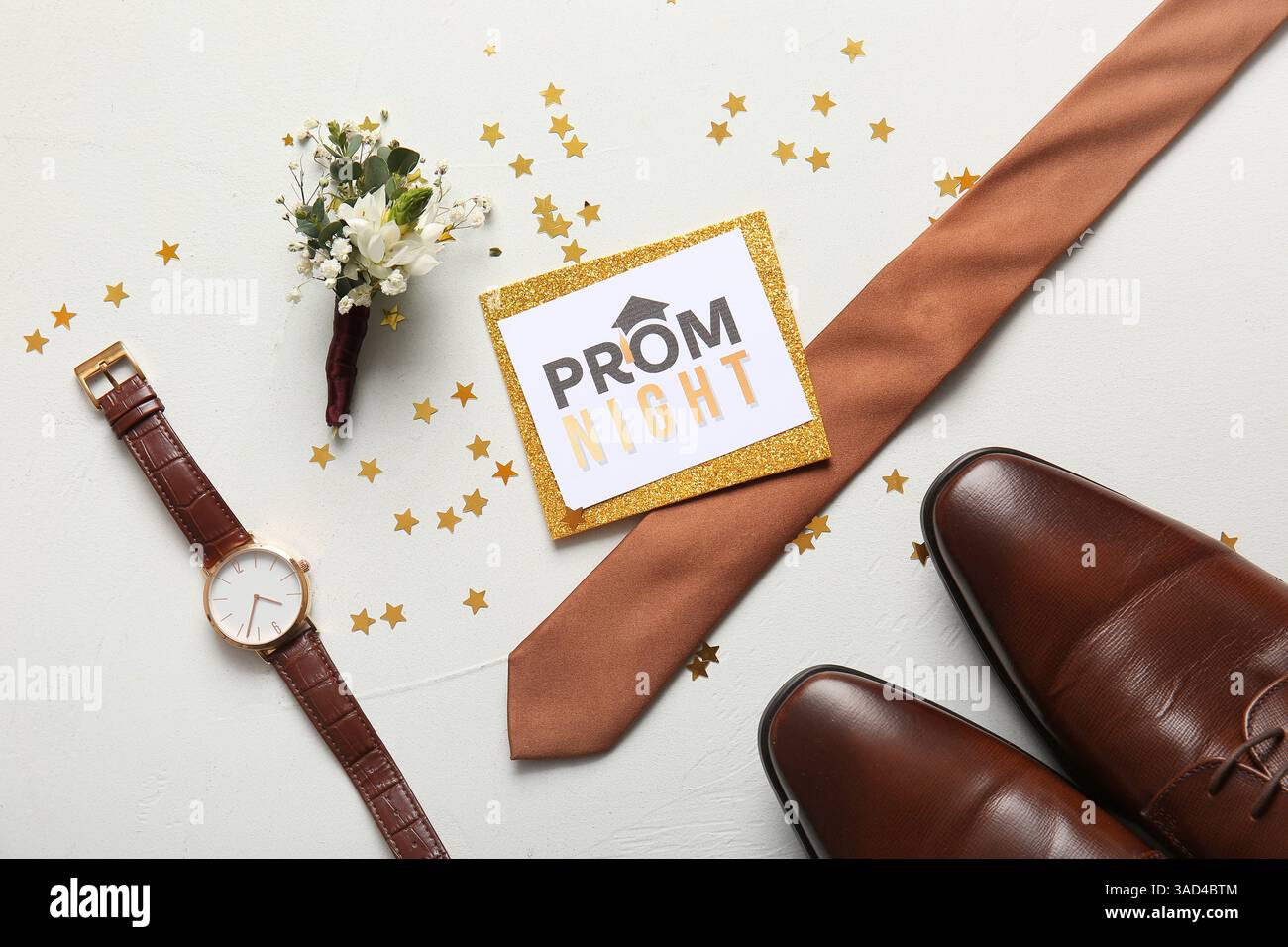 Paper sheet with text PROM NIGHT, confetti, male accessories and ...