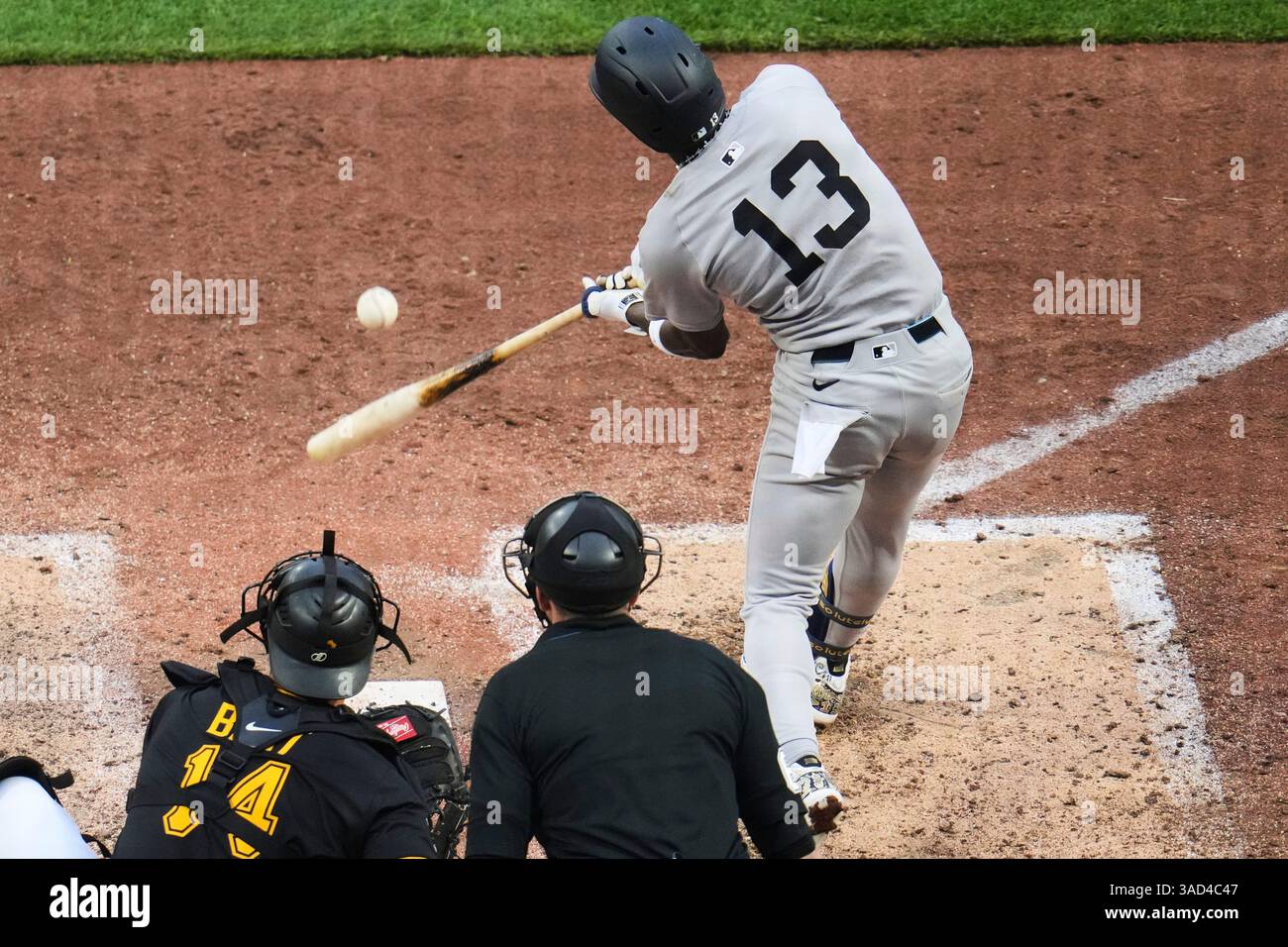 New York Yankees' Jazz Chisholm Jr. (13) swings and misses on a pitch ...