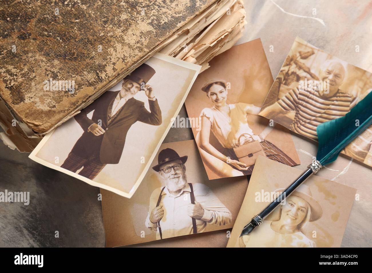 Old album with photos of relatives on grunge background. Concept of ...