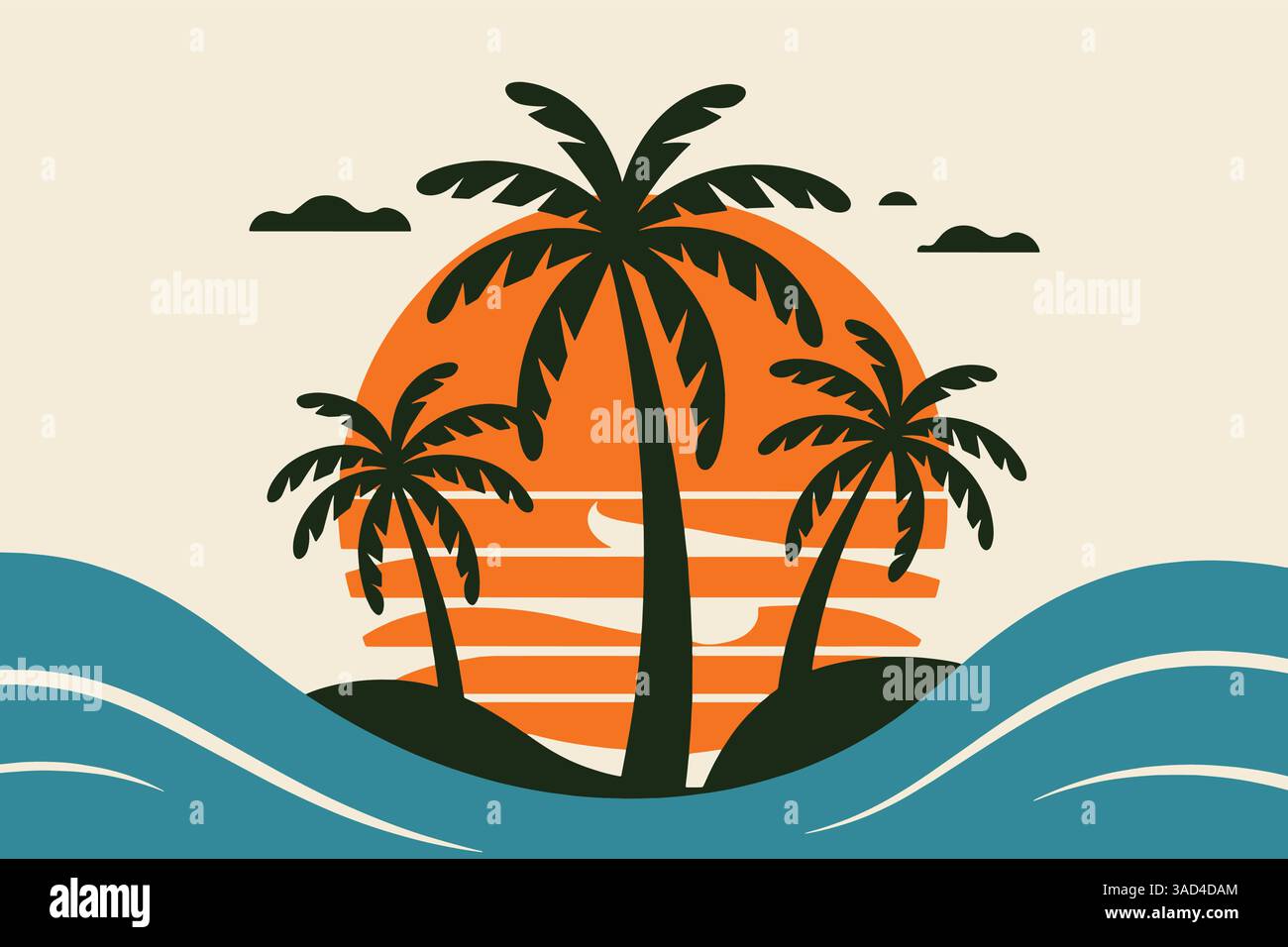 Hand drawn tropical island vector. Sunset beach scene with palm trees ...