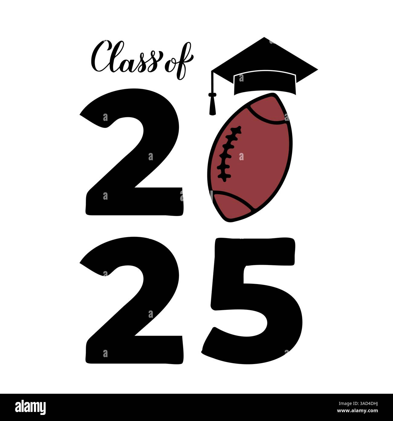 Class of 2025 lettering with graduation hat and football ball ...