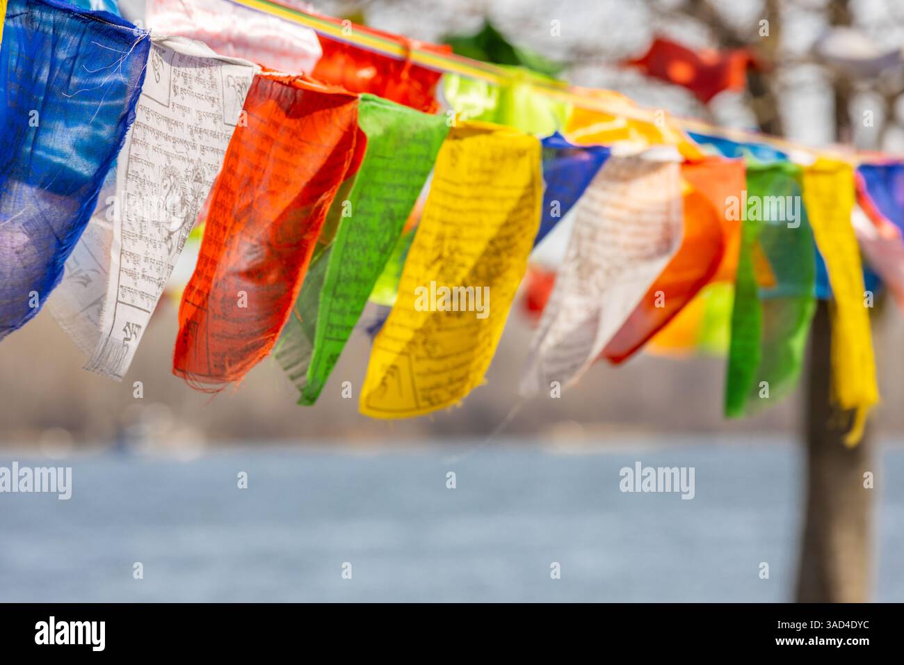 Colorful Tibetan flags. Prayer flags of yellow, white, blue, green and ...