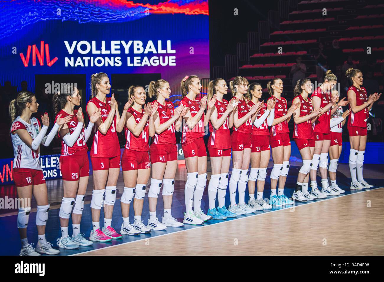 Volleyball players from Poland and the Italy in action during the FIVB Women Volleyball Nations ...