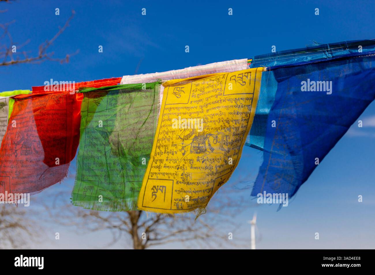 Colorful Tibetan flags. Prayer flags of yellow, white, blue, green and ...