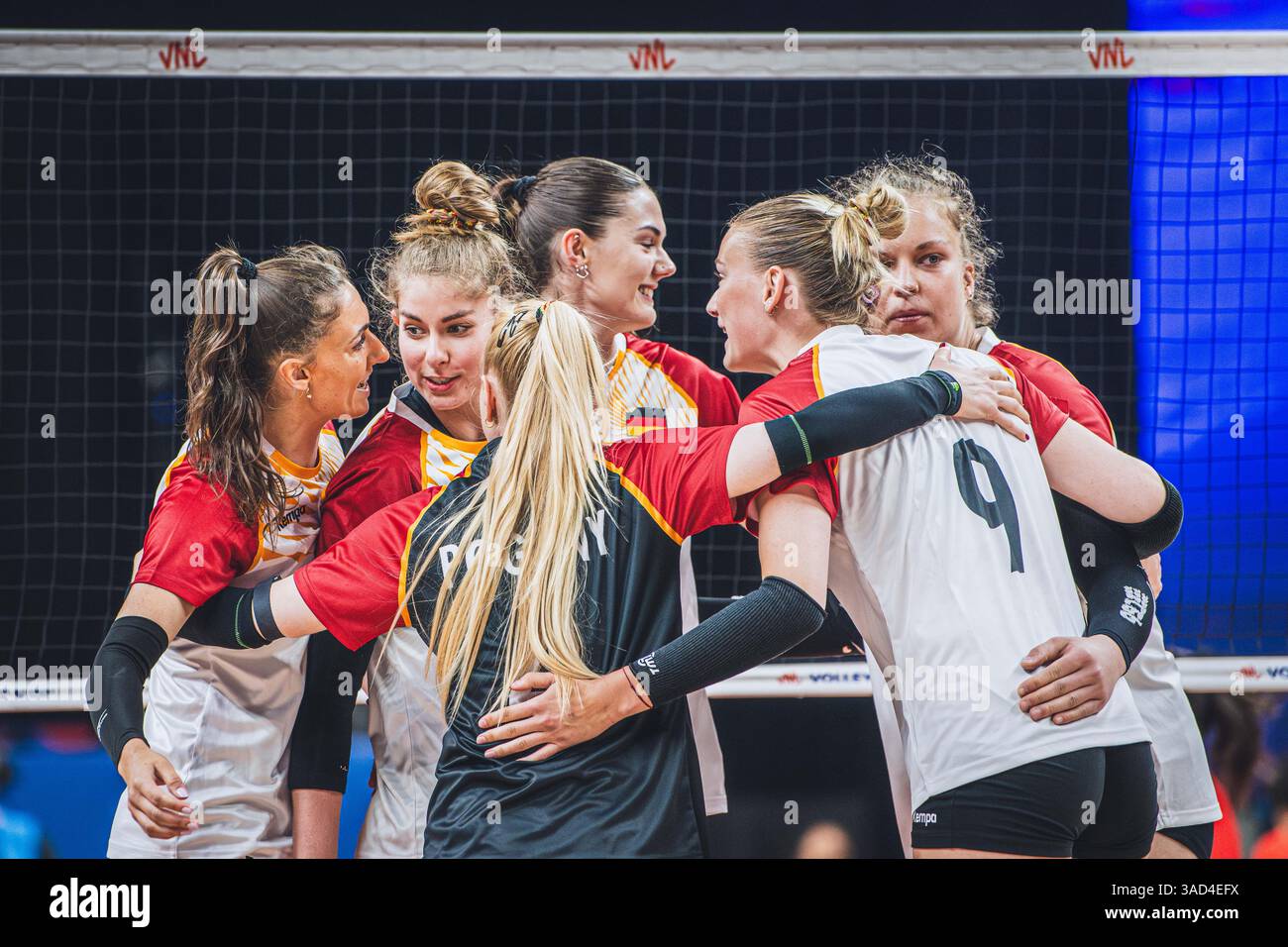 Volleyball players from France and the Germany in action during the FIVB Women Volleyball ...