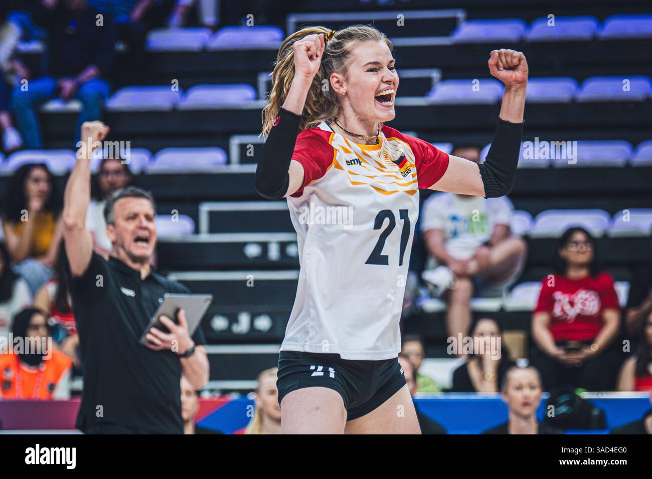 Volleyball players from France and the Germany in action during the ...