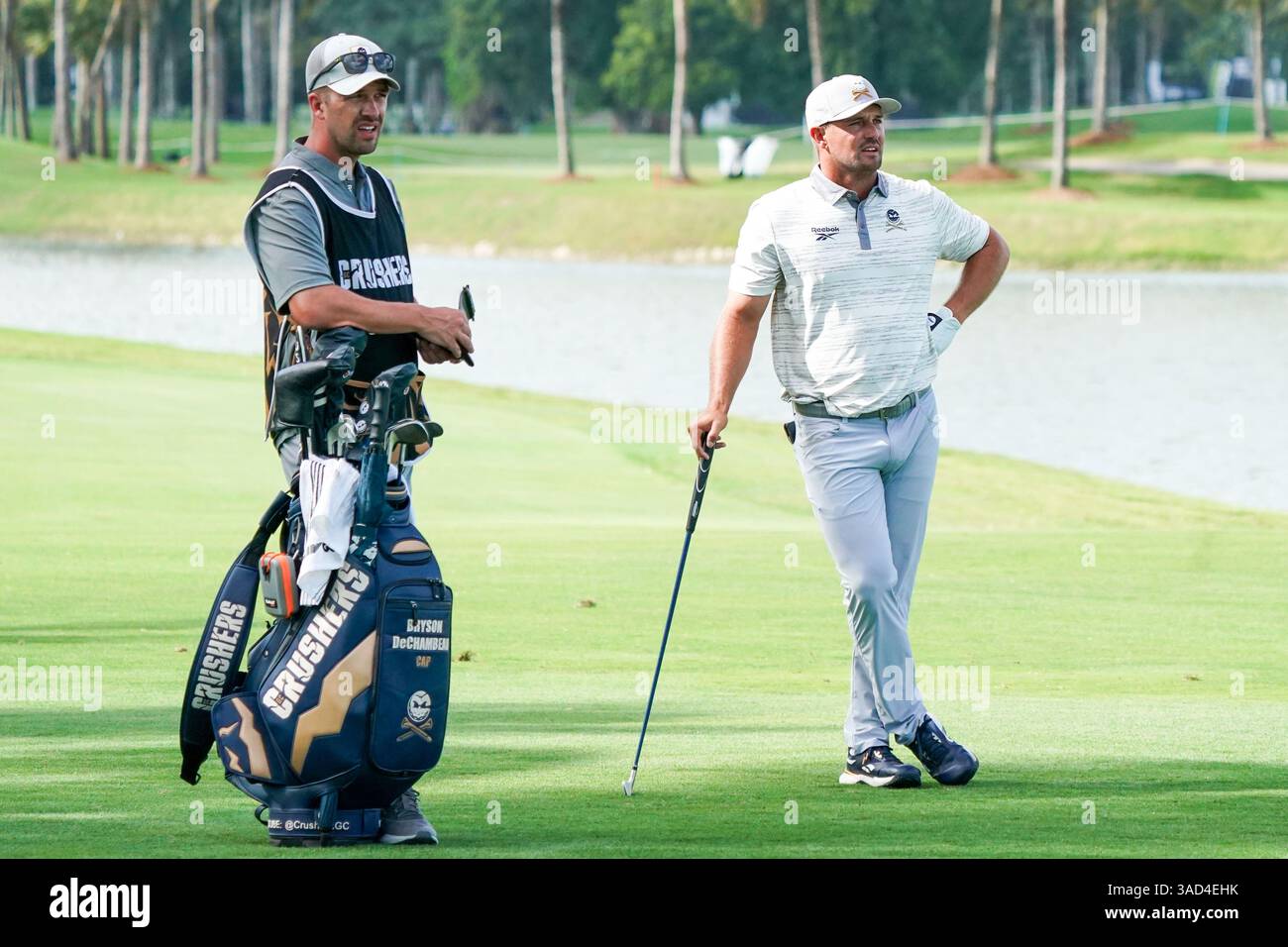 April 4, 2025, Doral, Florida, USA: Bryson DeChambeau (R) of Crushers ...