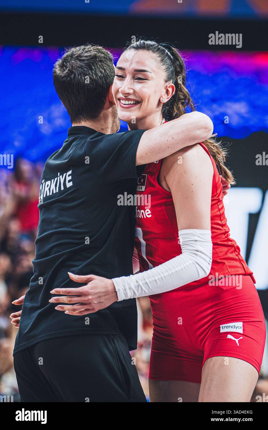 Volleyball players from Turkiye and the Japan in action during the FIVB Women Volleyball Nations ...