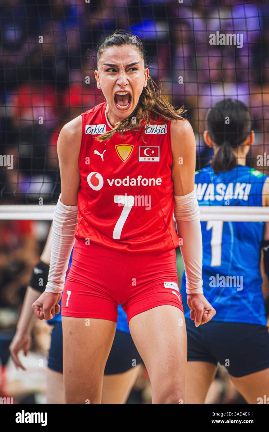 Volleyball players from Turkiye and the Japan in action during the FIVB Women Volleyball Nations ...