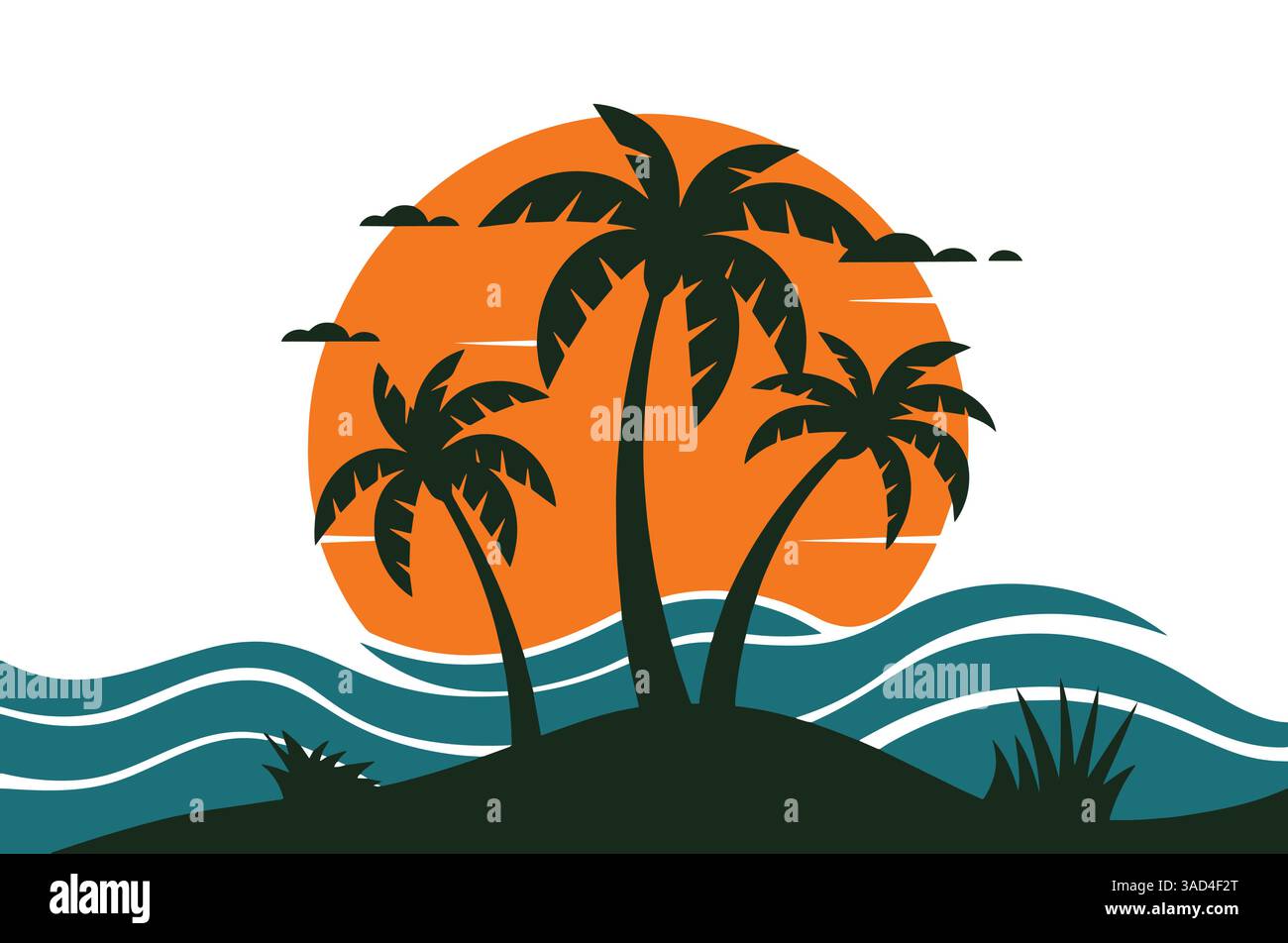 Tropical island illustration with hand drawn elements. Peaceful sunset ...
