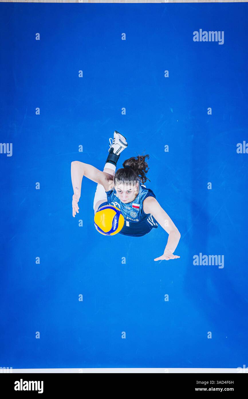 Volleyball players from France and the Poland in action during the FIVB ...