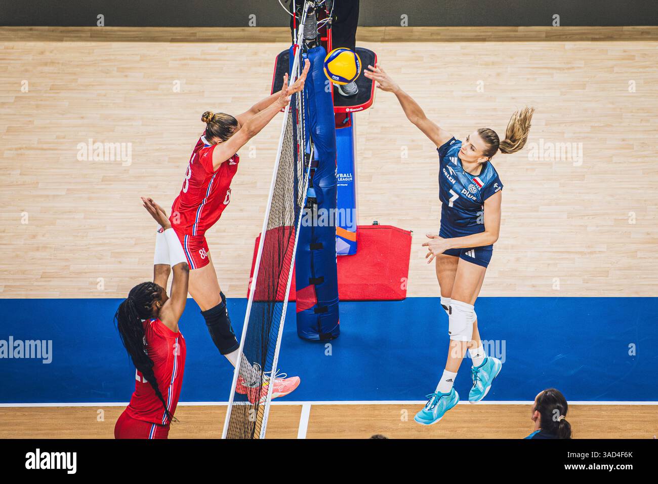 Volleyball players from France and the Poland in action during the FIVB ...