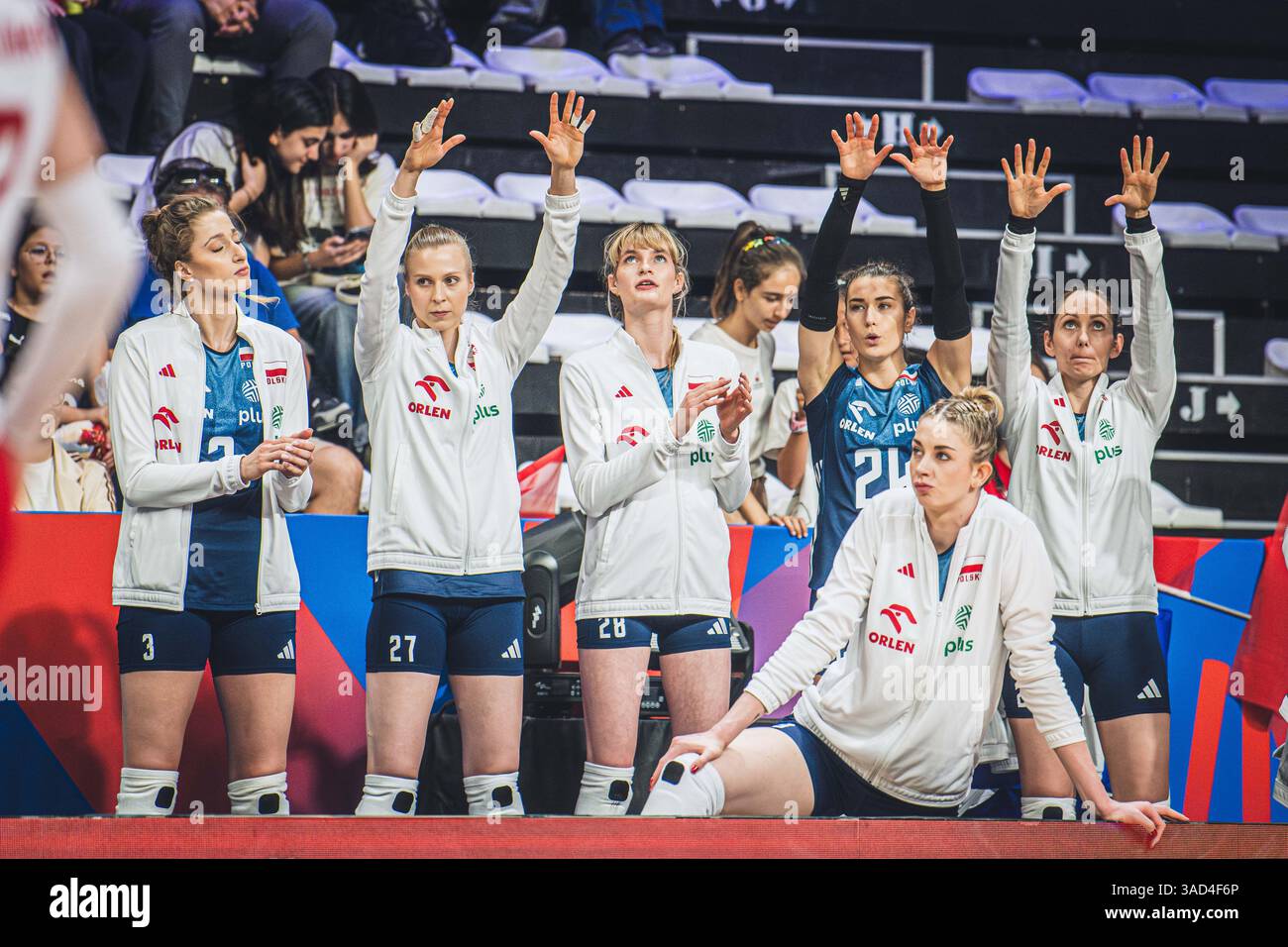 Volleyball players from France and the Poland in action during the FIVB ...