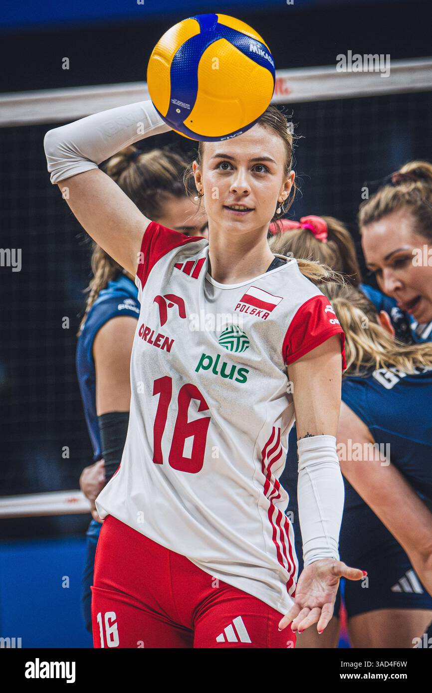 Volleyball players from France and the Poland in action during the FIVB ...