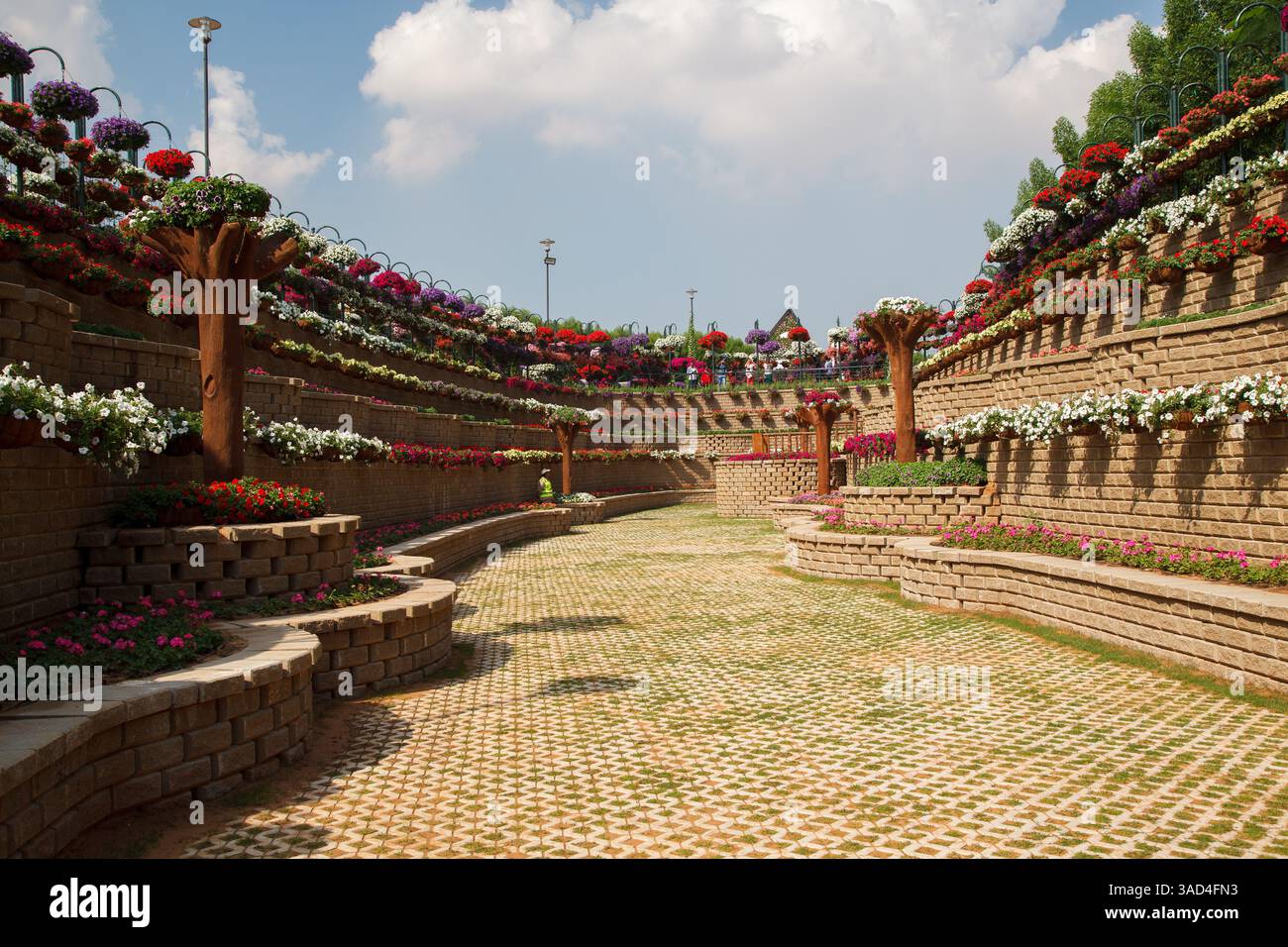 The Hanging gardens with beautiful colorful flowers on a wall inside ...