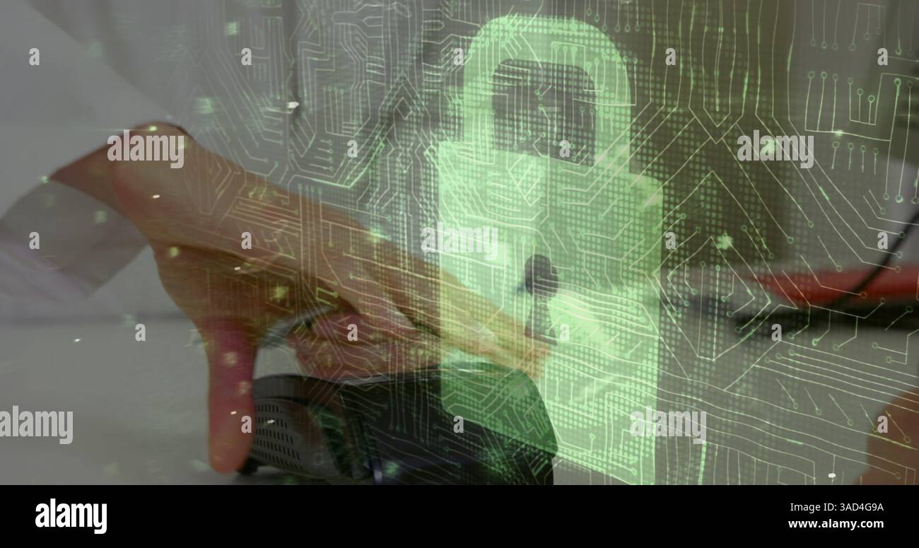 Image of network security padlock over people using payment terminal ...