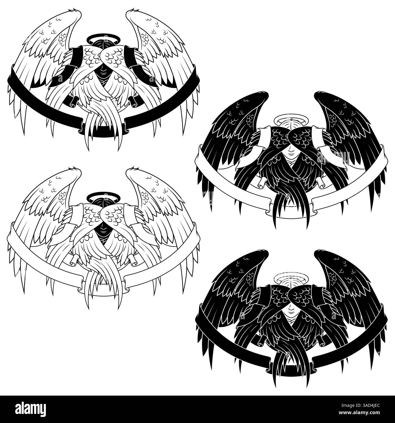 Angel with six wings and ribbon, angelic face of the Catholic religion ...