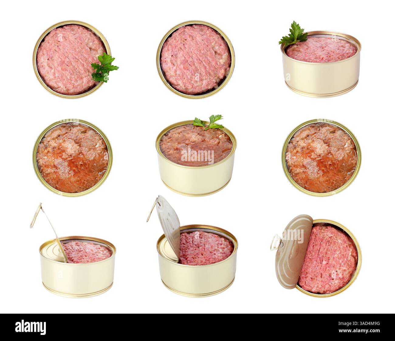 Different canned meat in tin cans isolated on white, set Stock Photo ...
