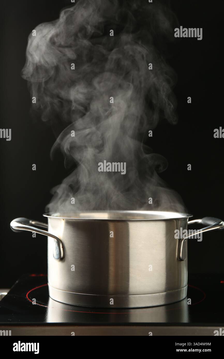 Steam rising from cooking pot and stove on black background, closeup ...