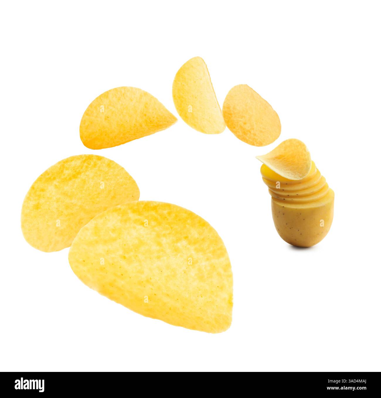 Raw potato slices transforming into crispy chips in air on white ...