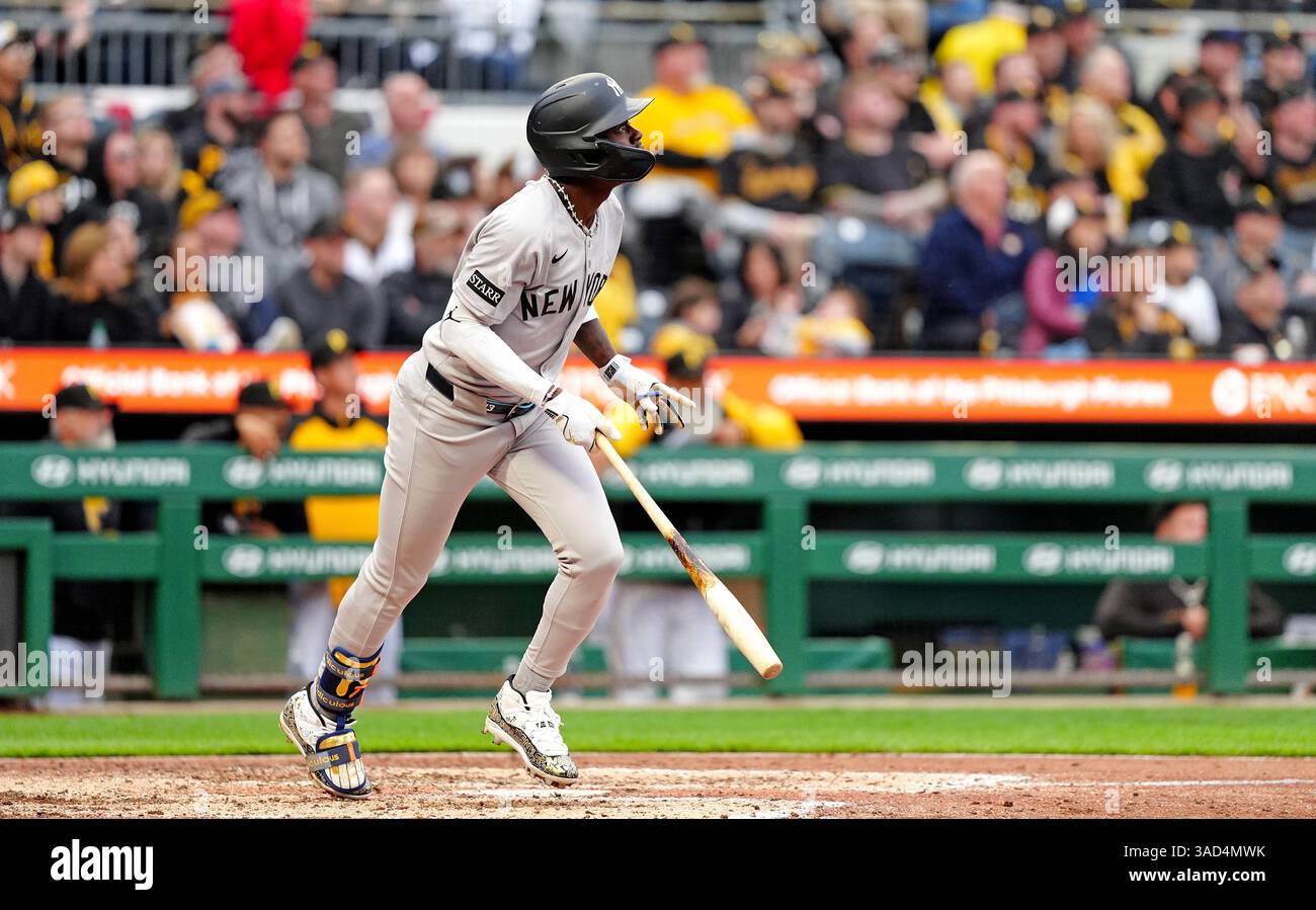 PITTSBURGH, PA - APRIL 04: New York Yankees second baseman Jazz Chisholm Jr. (13) bats with a ...