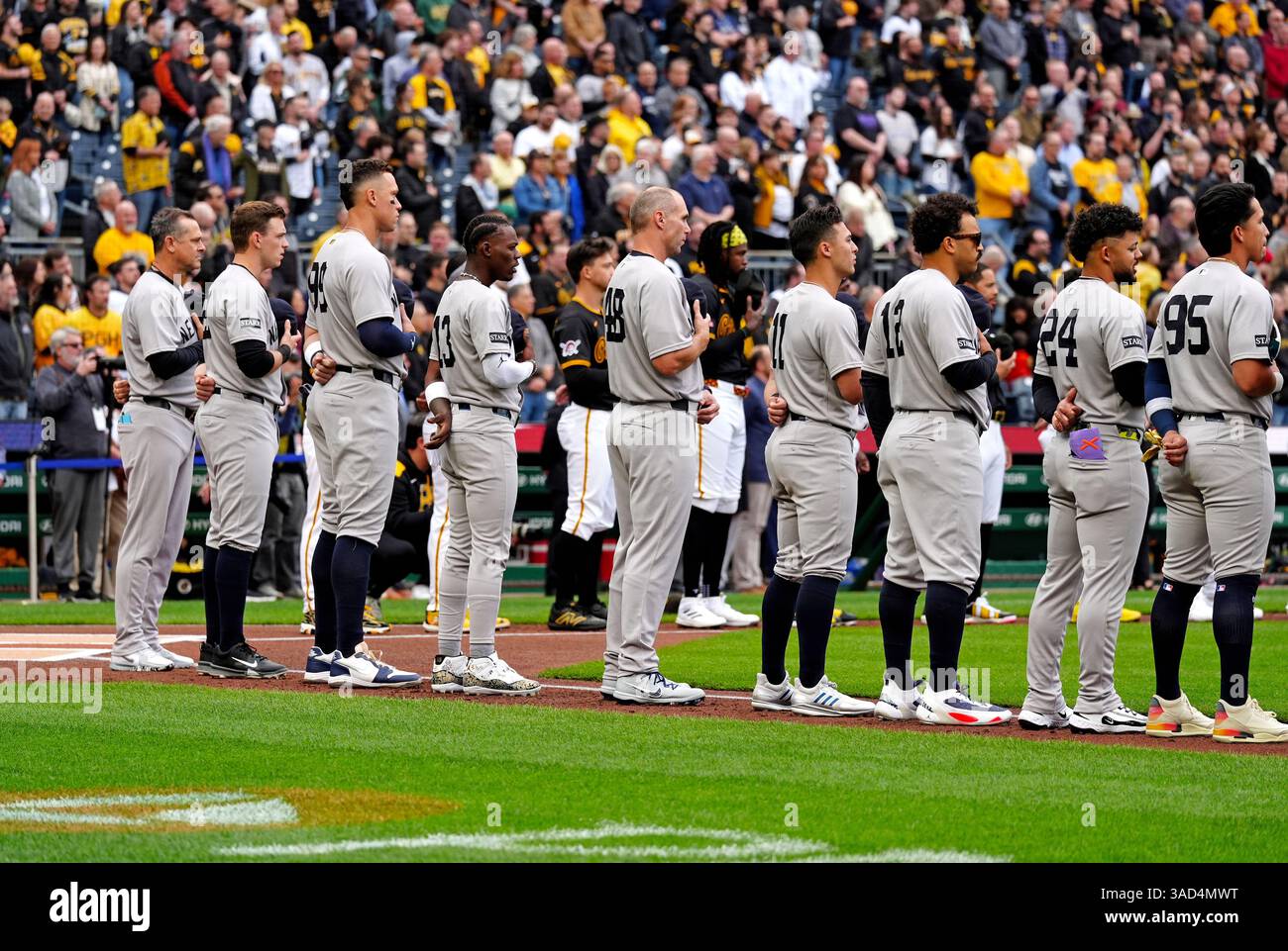 PITTSBURGH, PA - APRIL 04: New York Yankees line up during the playing ...