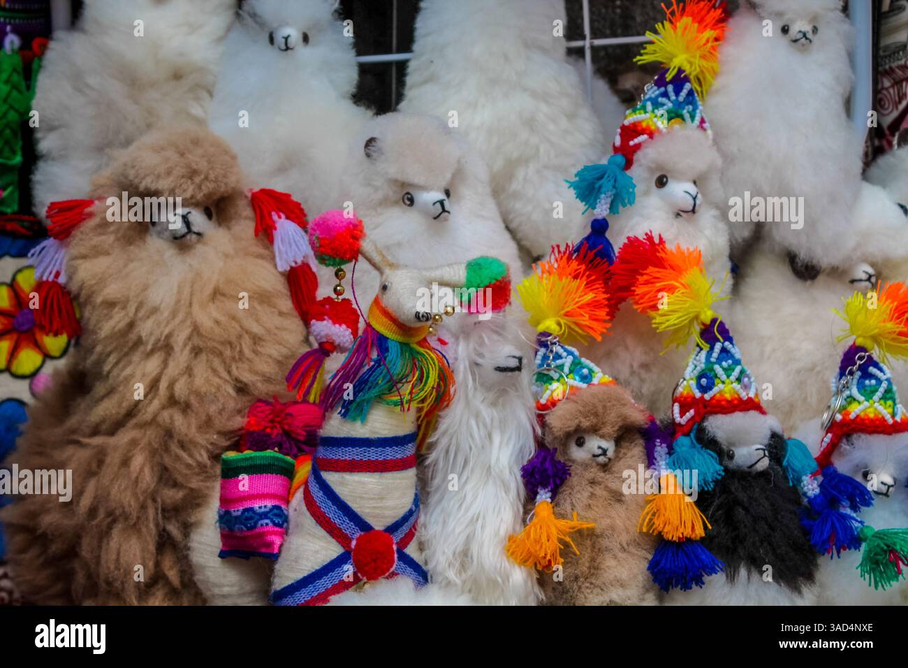 Colorful peruvian textile souvenirs sold at the local tourist market ...