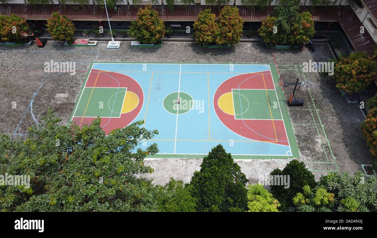 An aerial view reveals a basketball court at an elementary school in ...