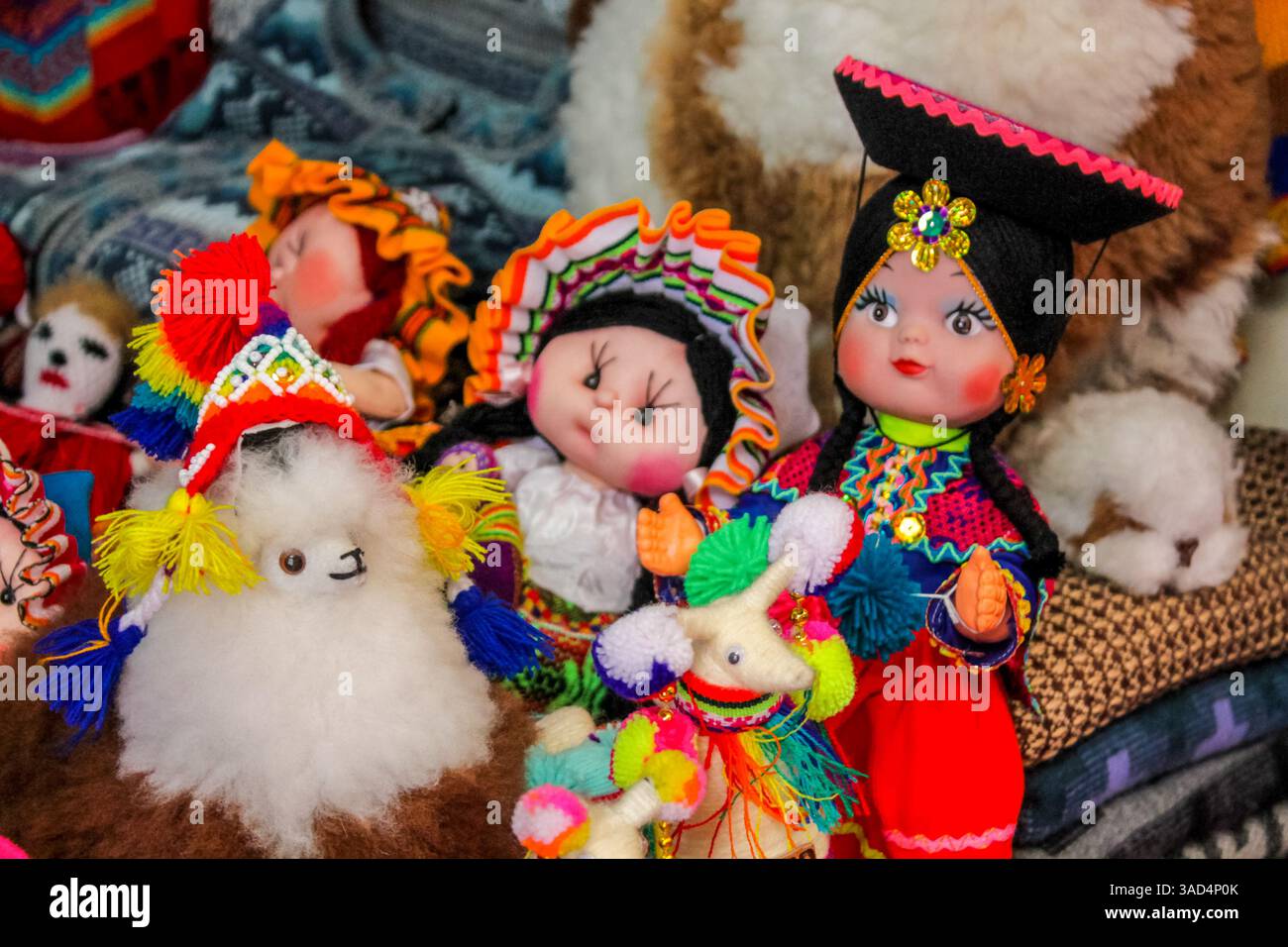 Colorful peruvian textile souvenirs sold at the local tourist market ...