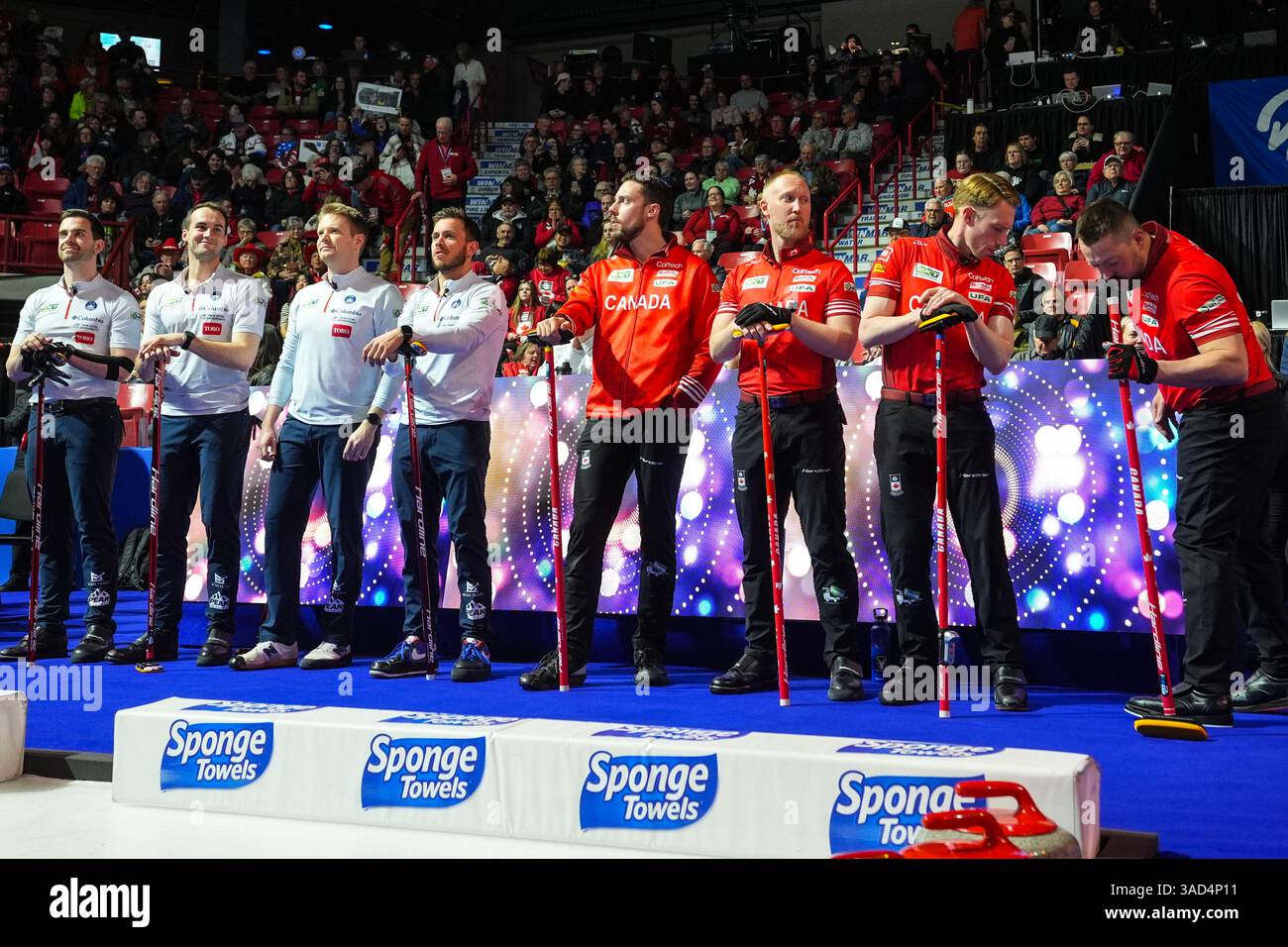 Moose Jaw, Can. 04th Apr, 2025. Players from the Canadian and USA teams ...