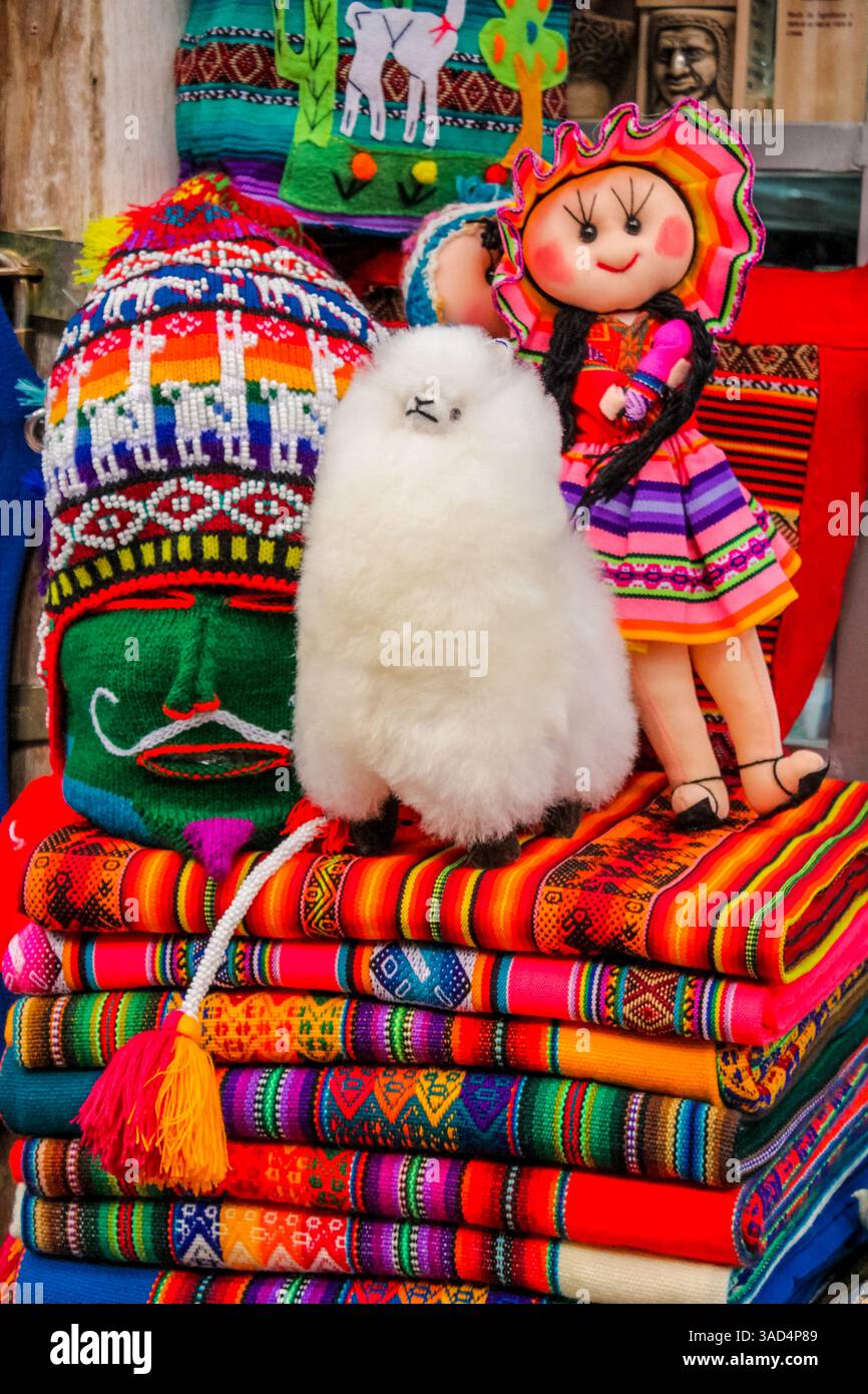Colorful peruvian textile souvenirs sold at the local tourist market ...