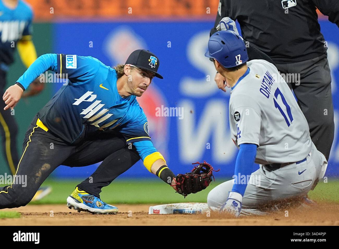 Philadelphia Phillies second baseman Bryson Stott tags out Los Angeles ...