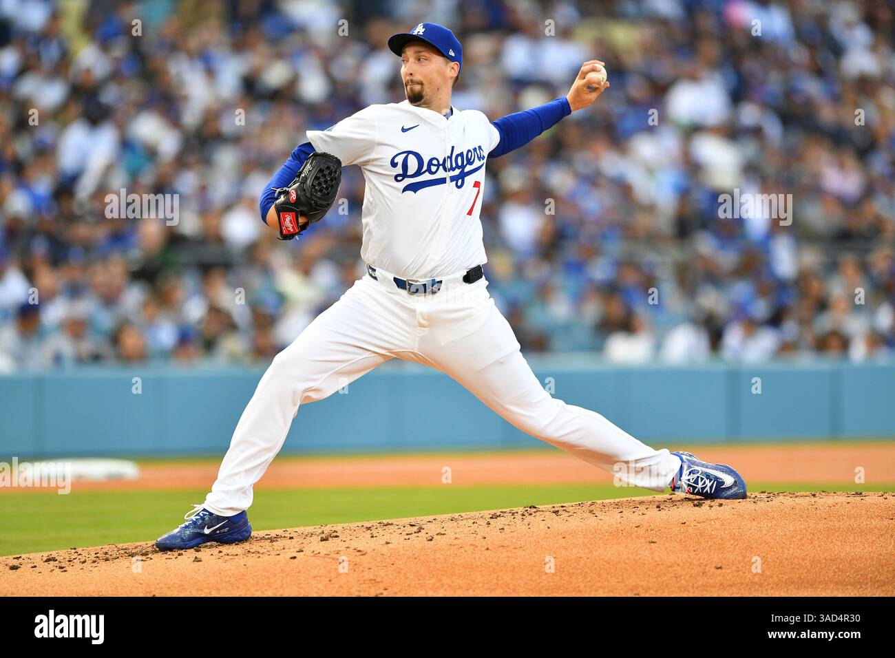 LOS ANGELES, CA - APRIL 02: Los Angeles Dodgers pitcher Blake Snell (7) throws a pitch during ...