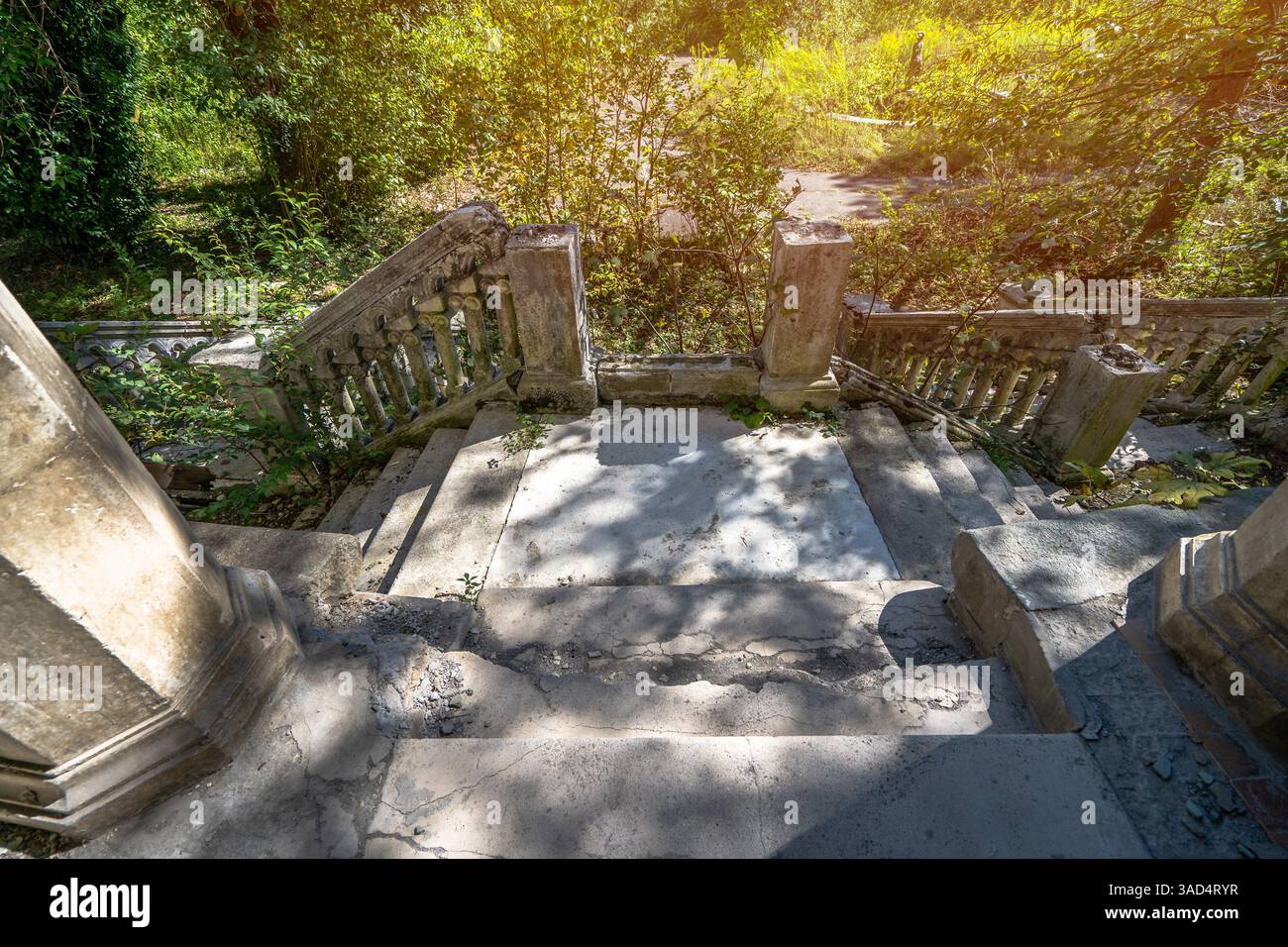 Old stone staircase overgrown by greenery, abandoned historic ruins, lost architecture, mystery ...