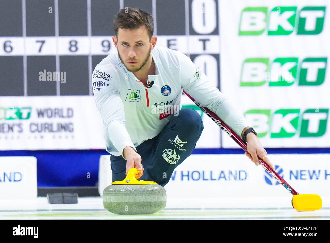Moose Jaw, Can. 04th Apr, 2025. USA skip Korey Dropkin throws a stone ...