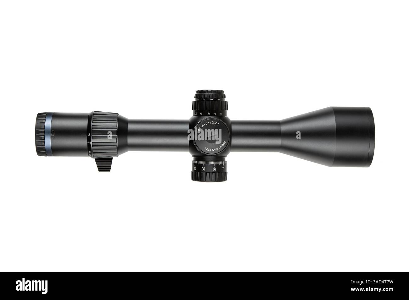A sleek black rifle scope with adjustment knobs and a large objective ...