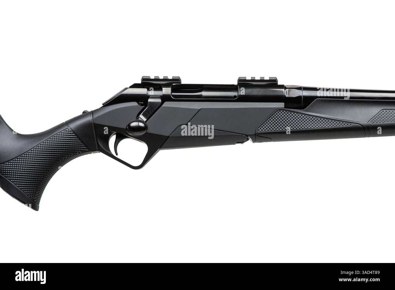 A close-up of a sleek black bolt-action rifle featuring a trigger, grip ...