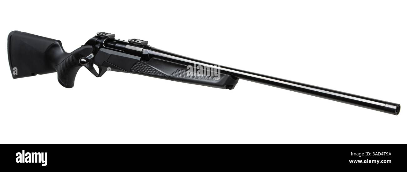 A modern black hunting rifle with synthetic stock and bolt-action ...