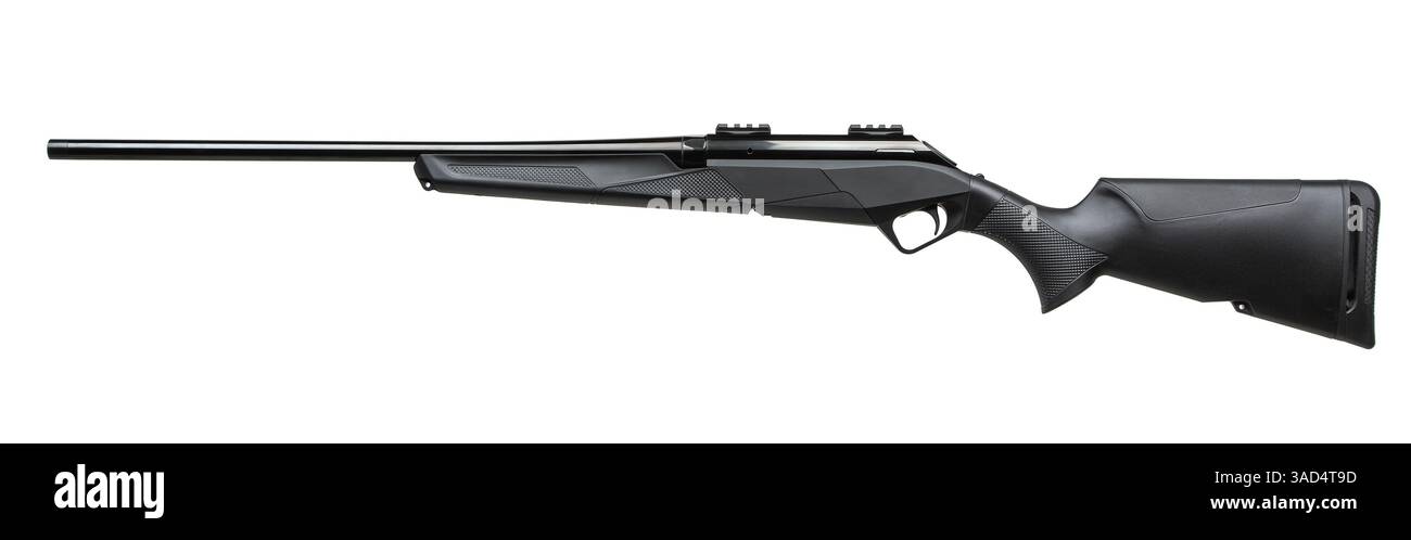 A modern black hunting rifle with synthetic stock and bolt-action ...