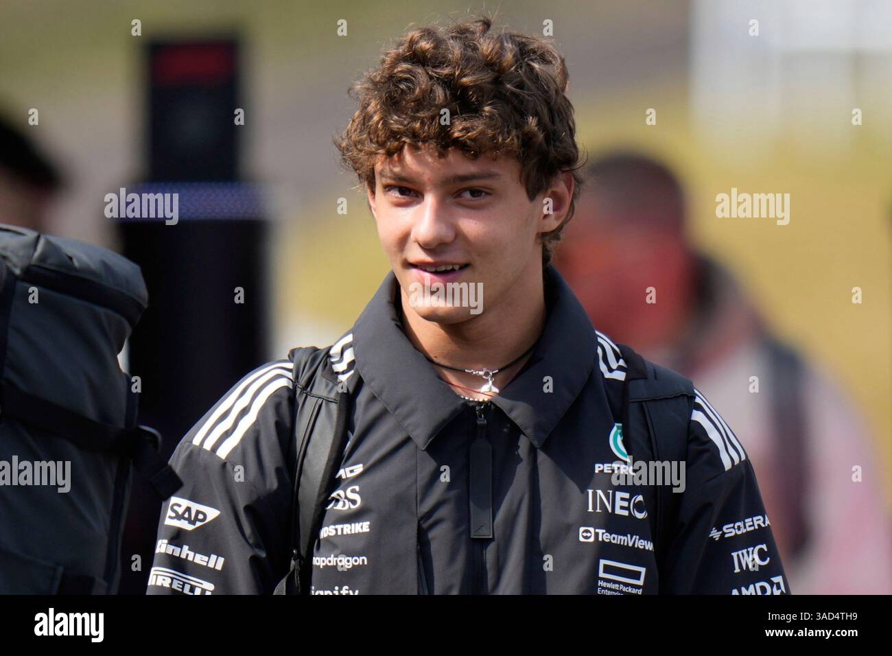 Mercedes driver Kimi Antonelli of Italy arrives his garage before the ...